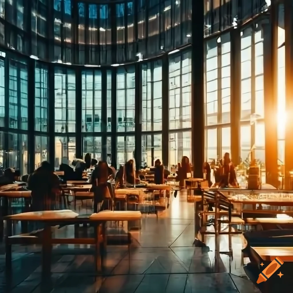 Golden hour sunlight in a crowded open space building with people ...
