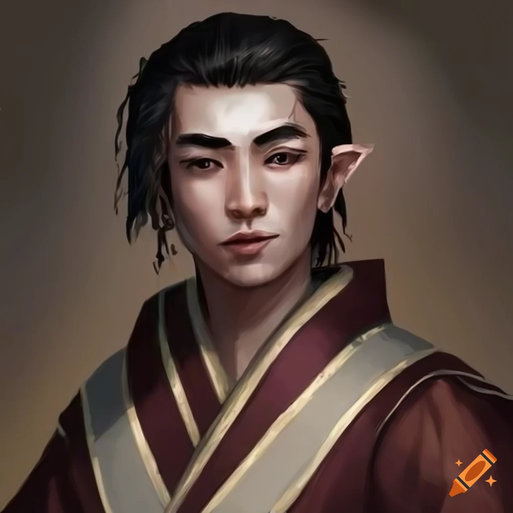 Confident short asian male dnd noble with black hair and ancient robes ...
