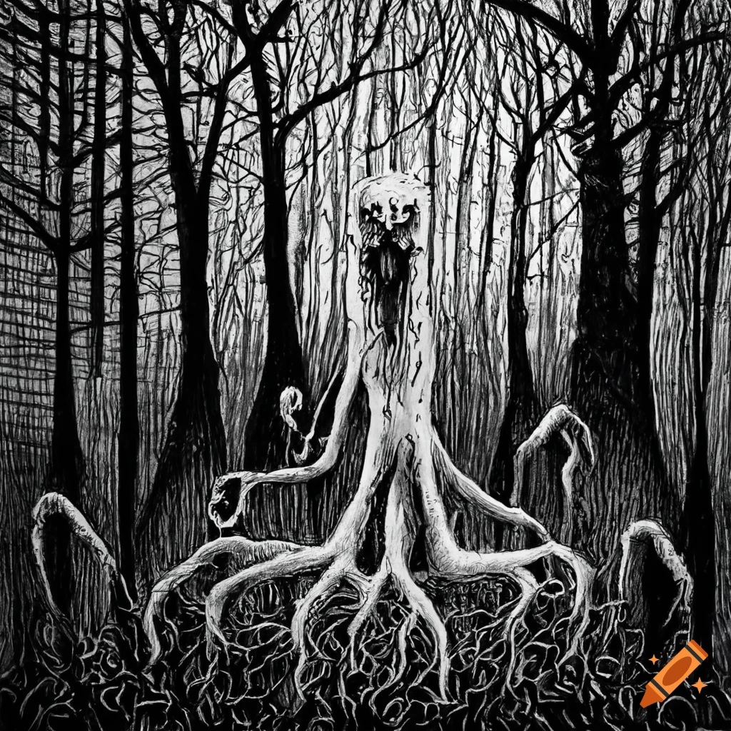 Black ink art of a wendigo/skinwalker peering through forest branches ...