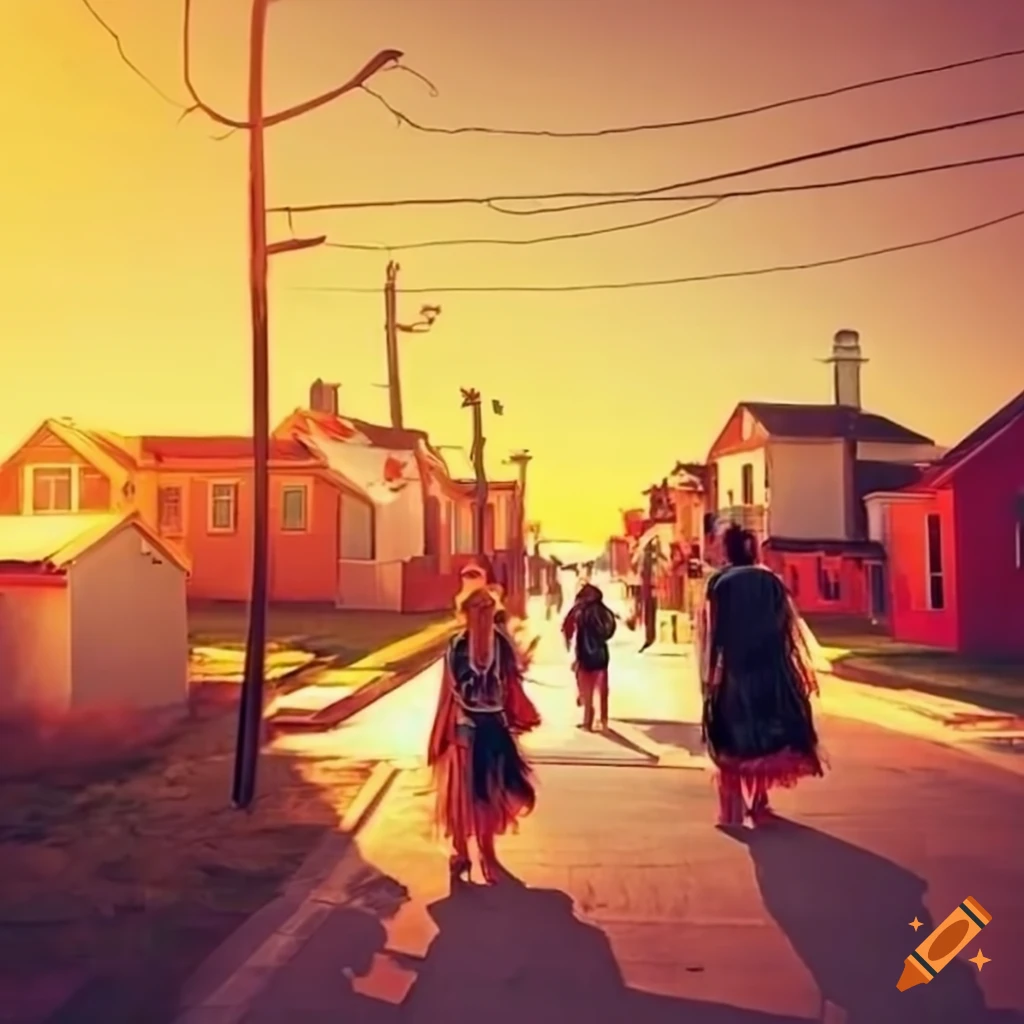Colorfully dressed people exploring suburban neighborhoods on a sunny ...