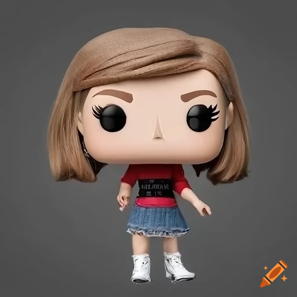 Custom funko pop of girl with brown hair, red sweater, denim skirt, and ...