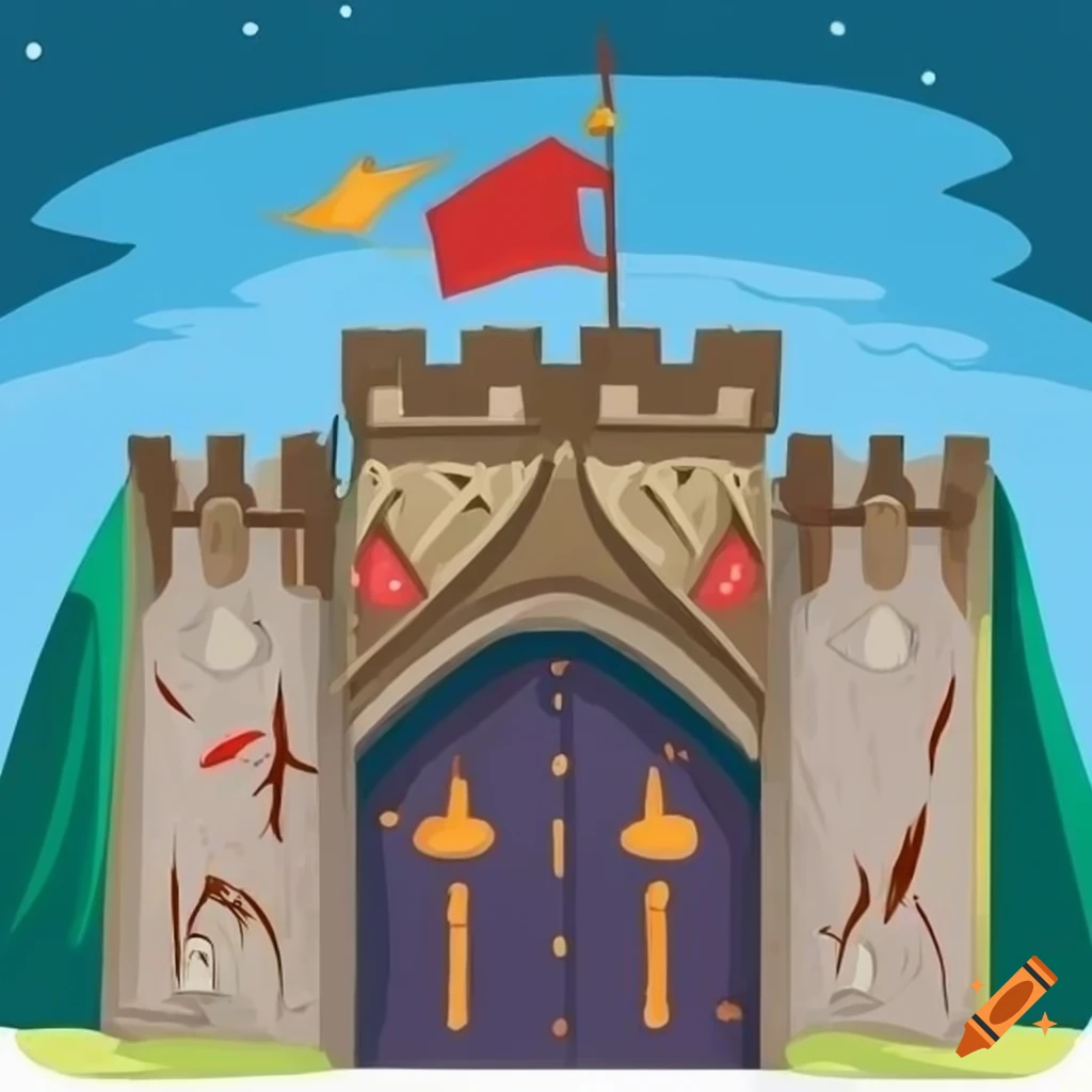 Guard knight standing in front of a medieval castle wood gate in ...