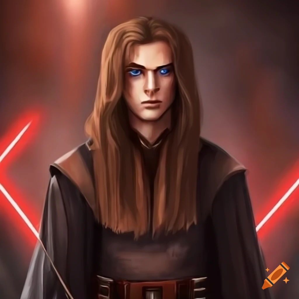 Young male sith lord with long brown hair and striking blue eyes on Craiyon