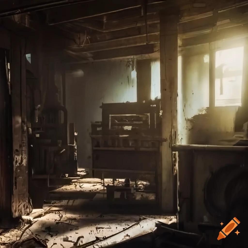 Interior of a bright sunny foggy abandoned factory with old machines on ...