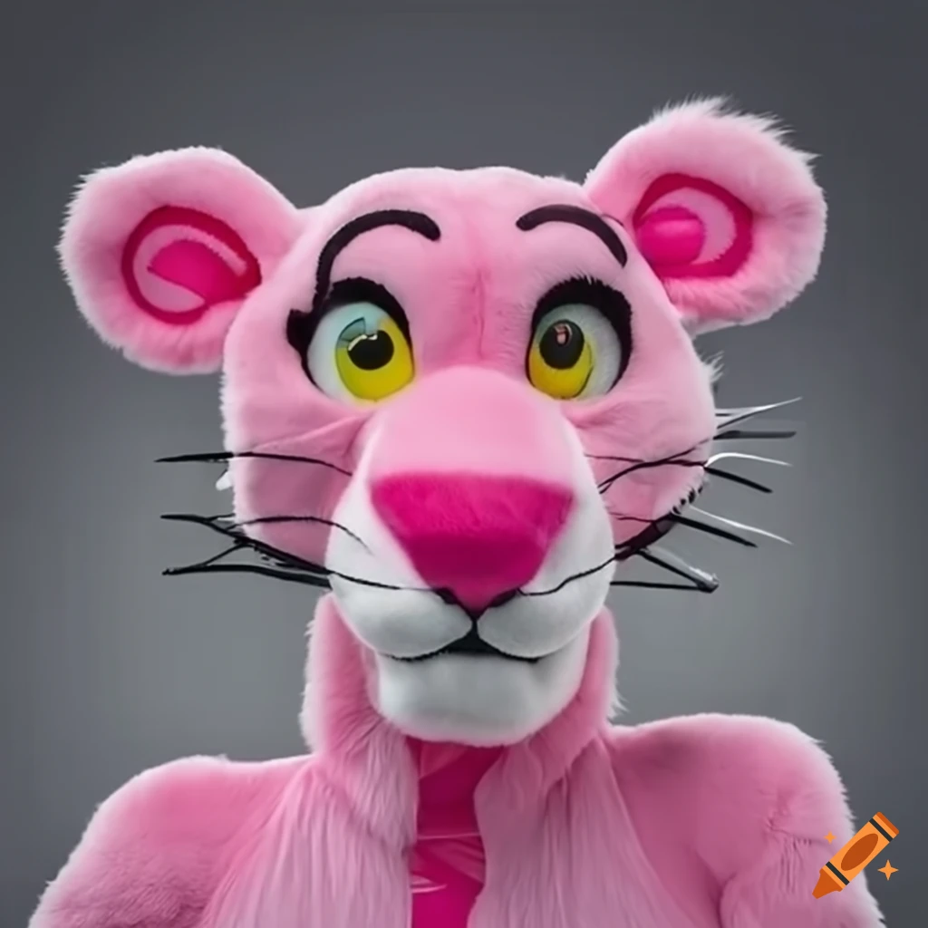 Detailed close up of female employee in pink panther mascot costume at ...