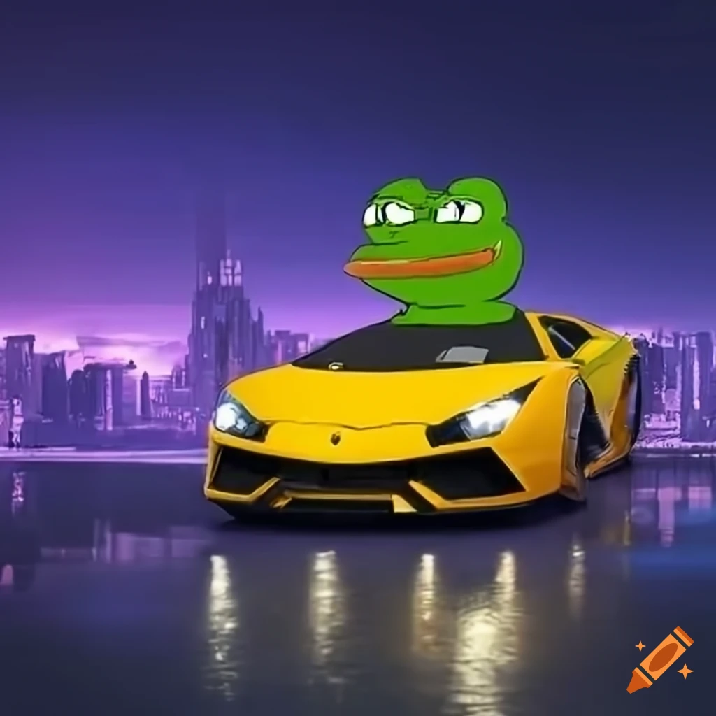 Pepe the frog driving a yellow lamborghini in a sci-fi city road with ...