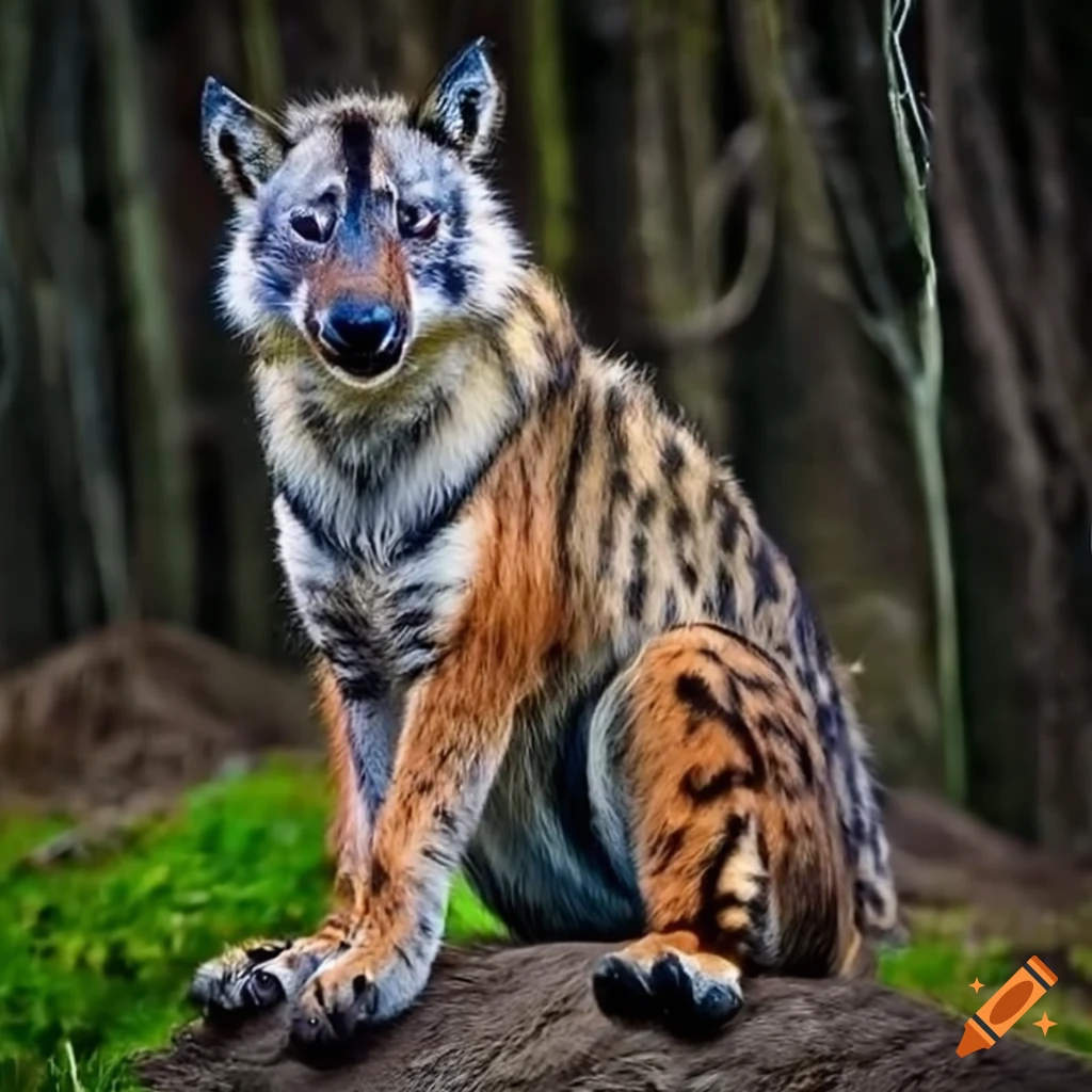 Hybrid of wolf, tiger, and hyena with silver eyes and blue-grey fur on ...