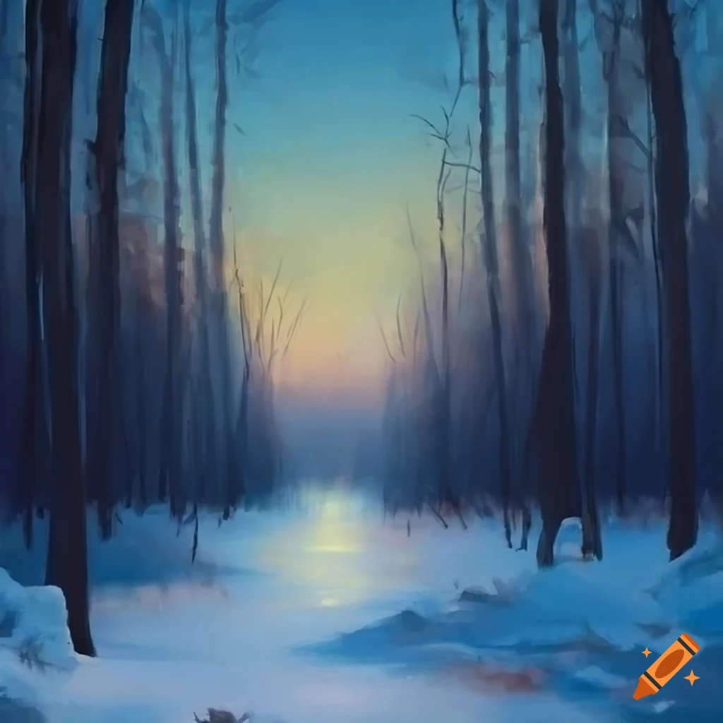 Peaceful snowy forest landscape with fading light on Craiyon