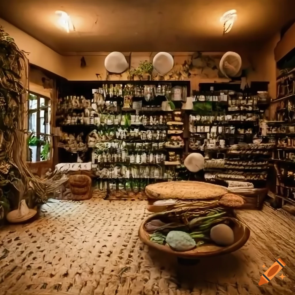 Interior of a herbalist shop with a herbal tea bar and natural decor on ...