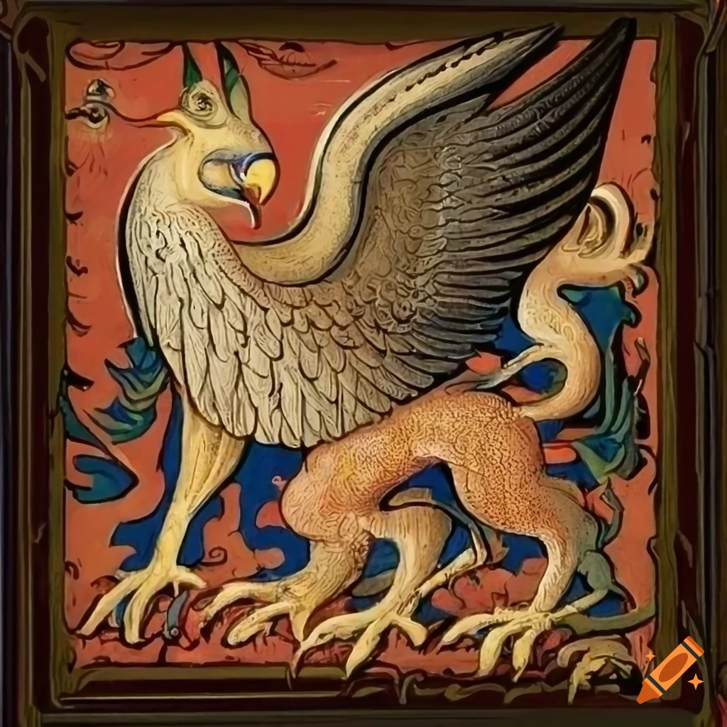Majestic griffin surrounded by oak branches in medieval enluminure ...