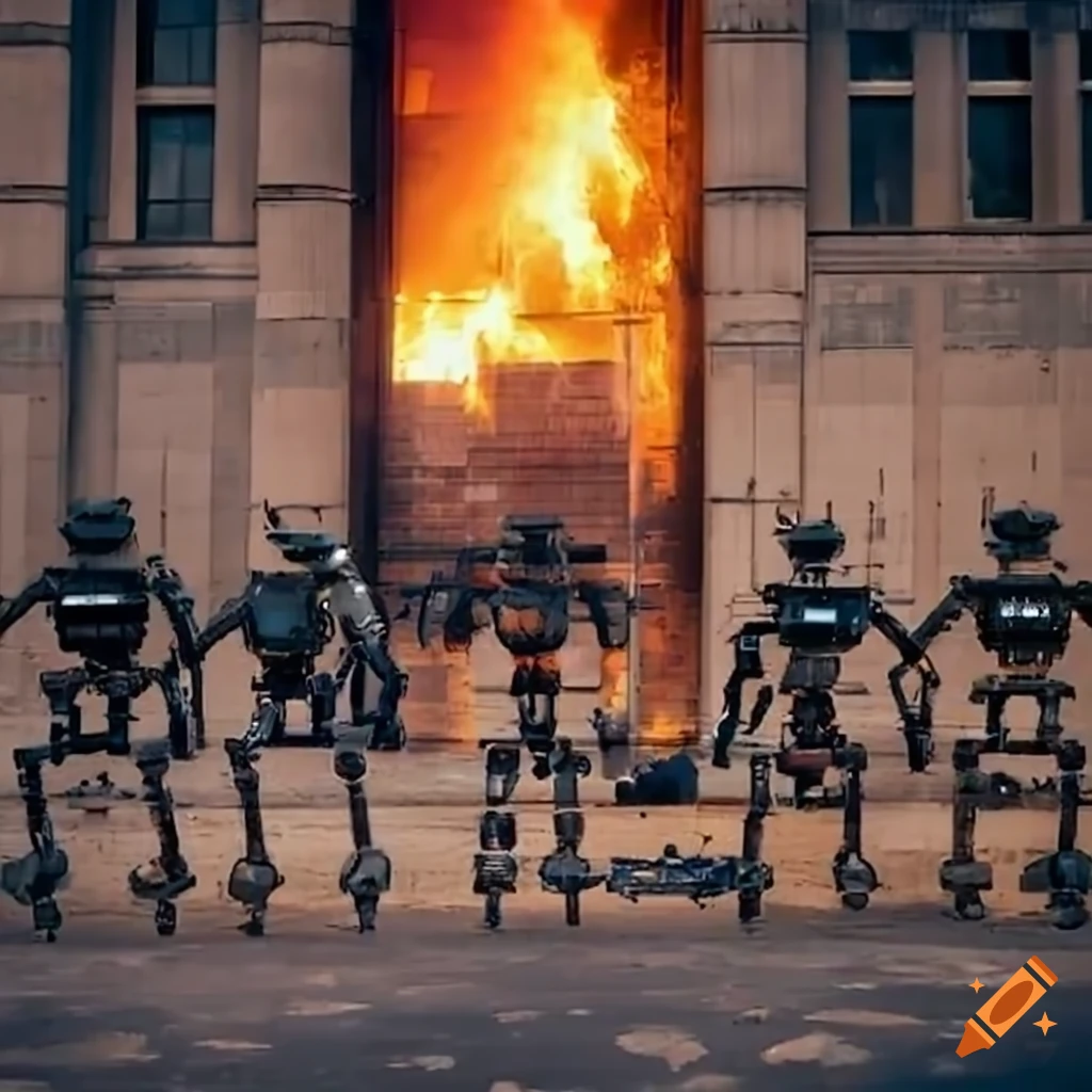 Robots standing in front of a burning building on Craiyon