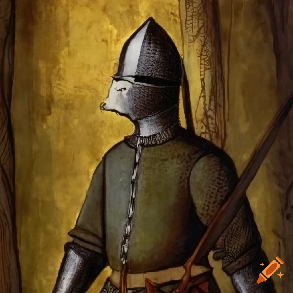 Medieval enluminure manuscript depicting a soldier in a forest on Craiyon