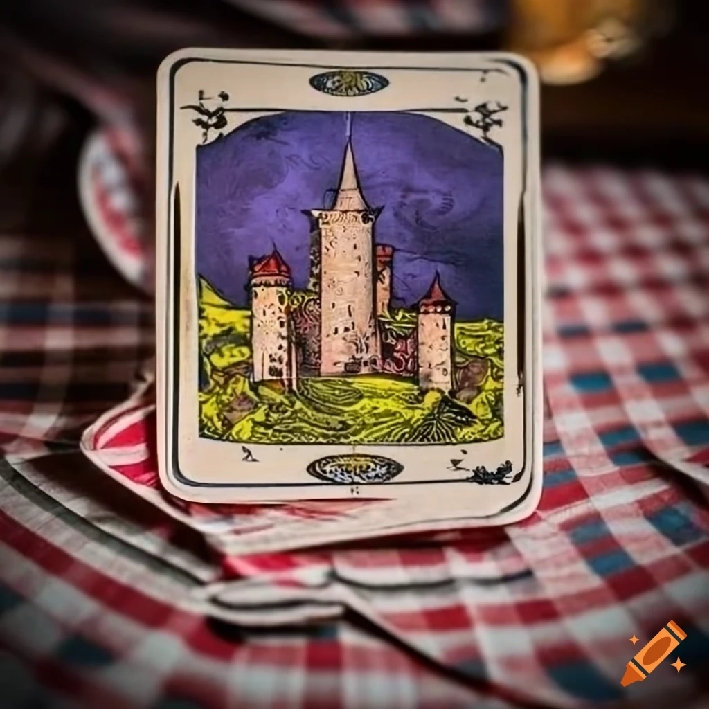 Ornate tarot card with castle imagery on a tablecloth on Craiyon