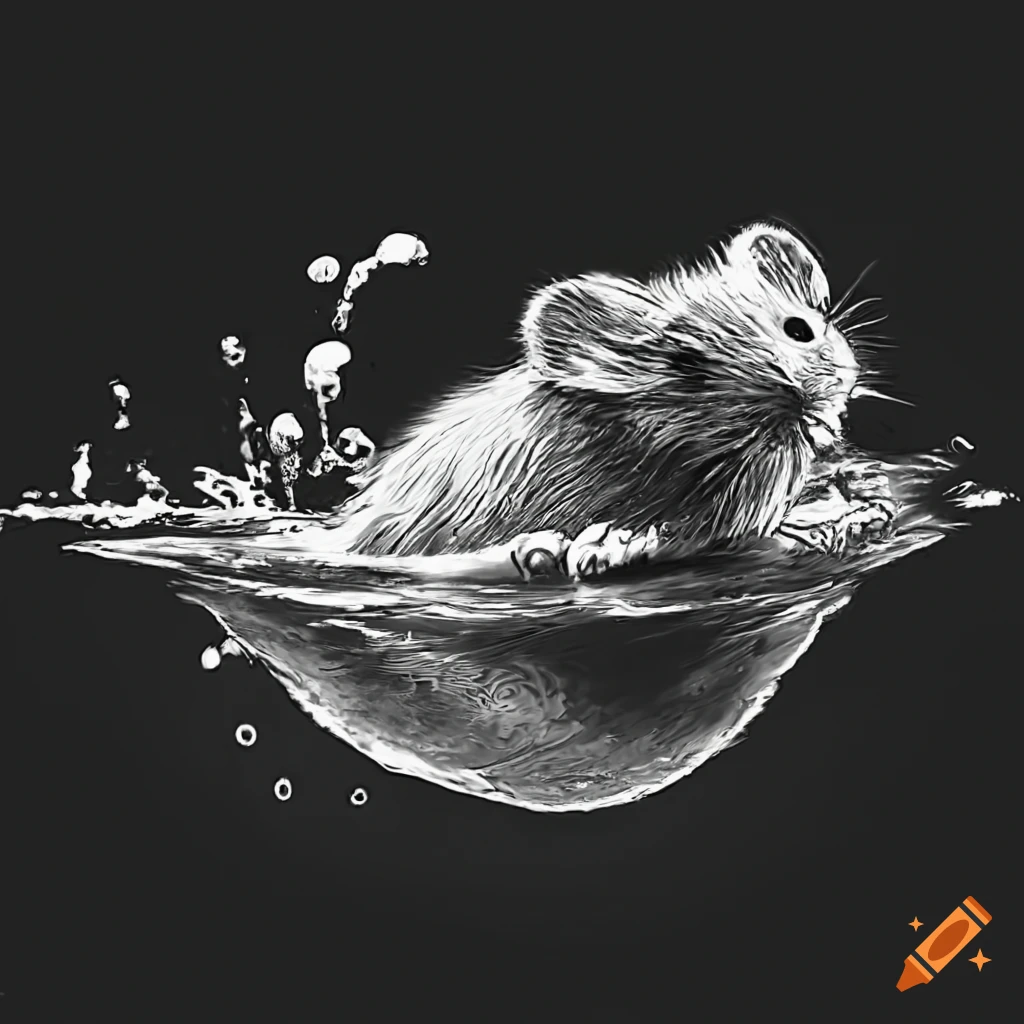 Fast swimming mouse with splashes in black and white on Craiyon