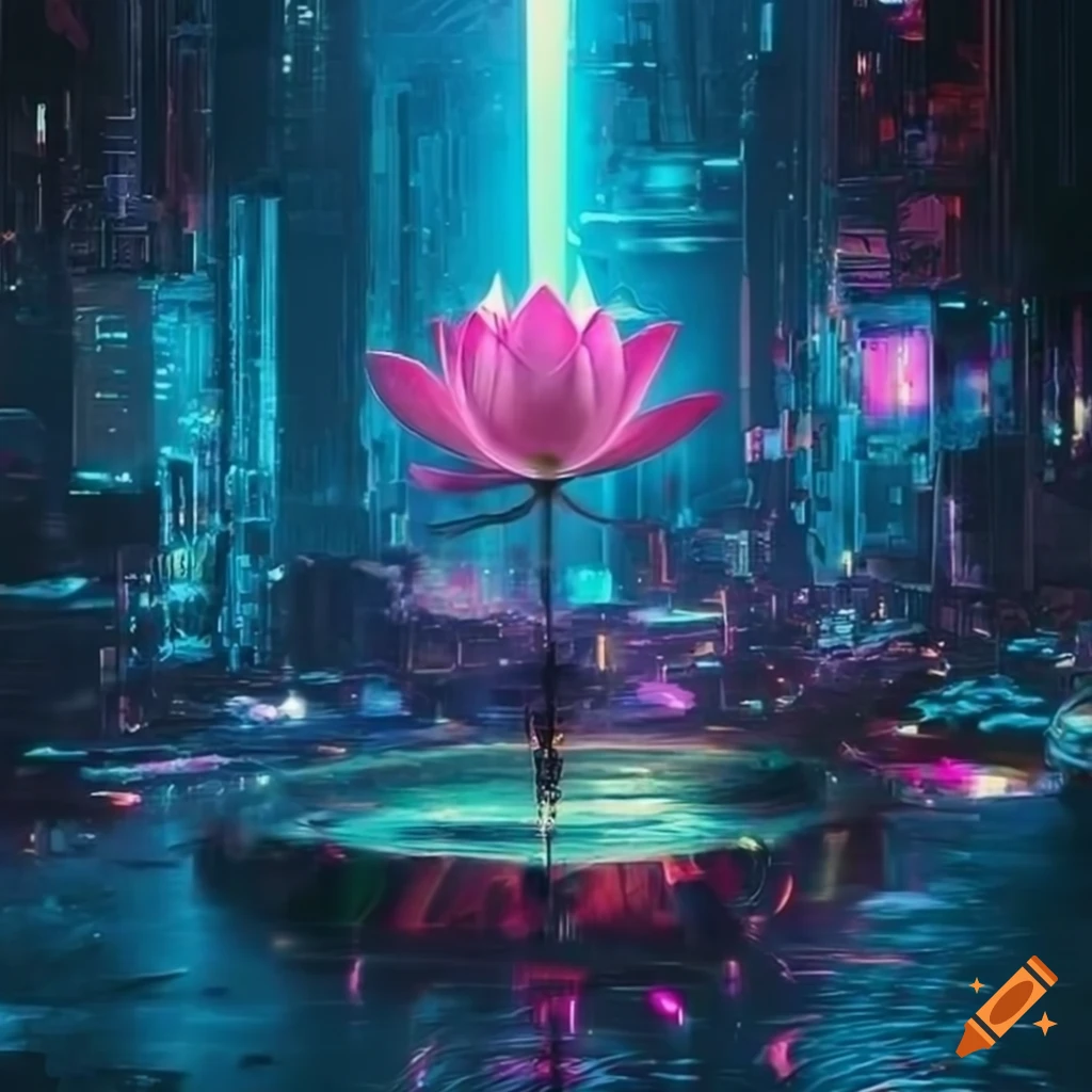Lotus flower in neon lights in a cyberpunk setting on Craiyon