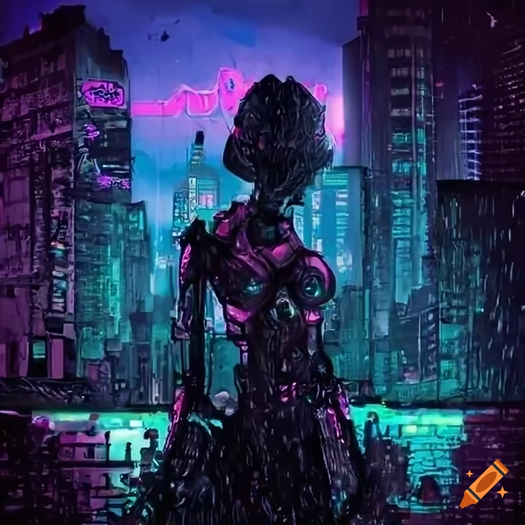 Cityscape with biopunk and cyberpunk elements on Craiyon