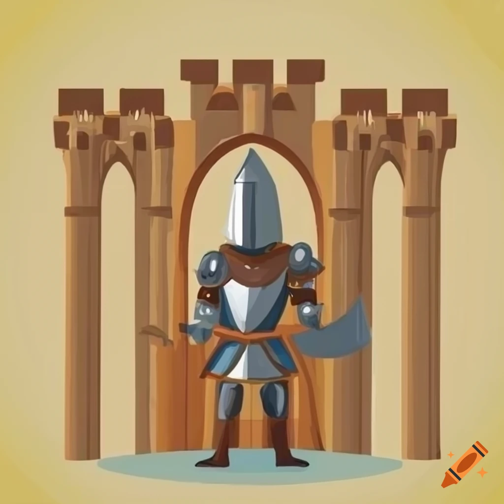 Guard knight in front of a wooden gate of a medieval castle in cartoon ...
