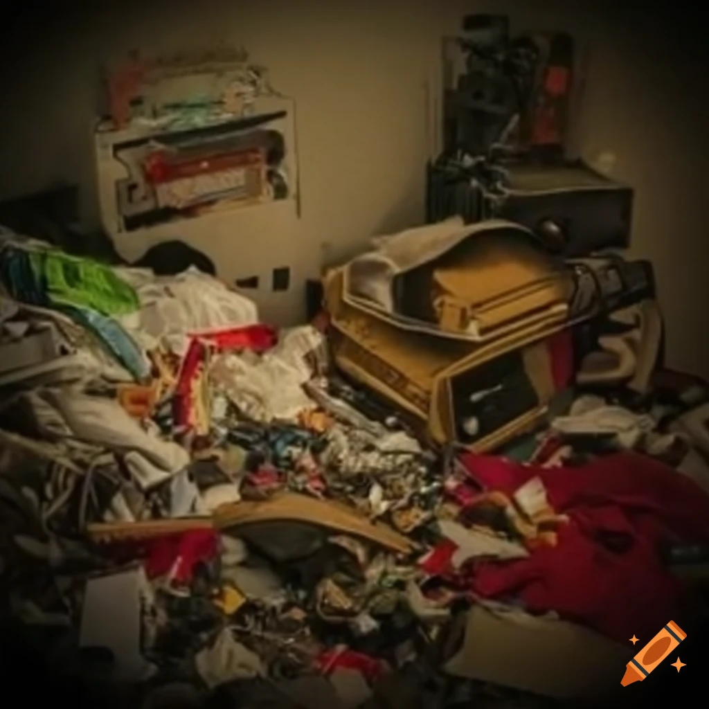 Cluttered messy room with trash and belongings scattered around on Craiyon