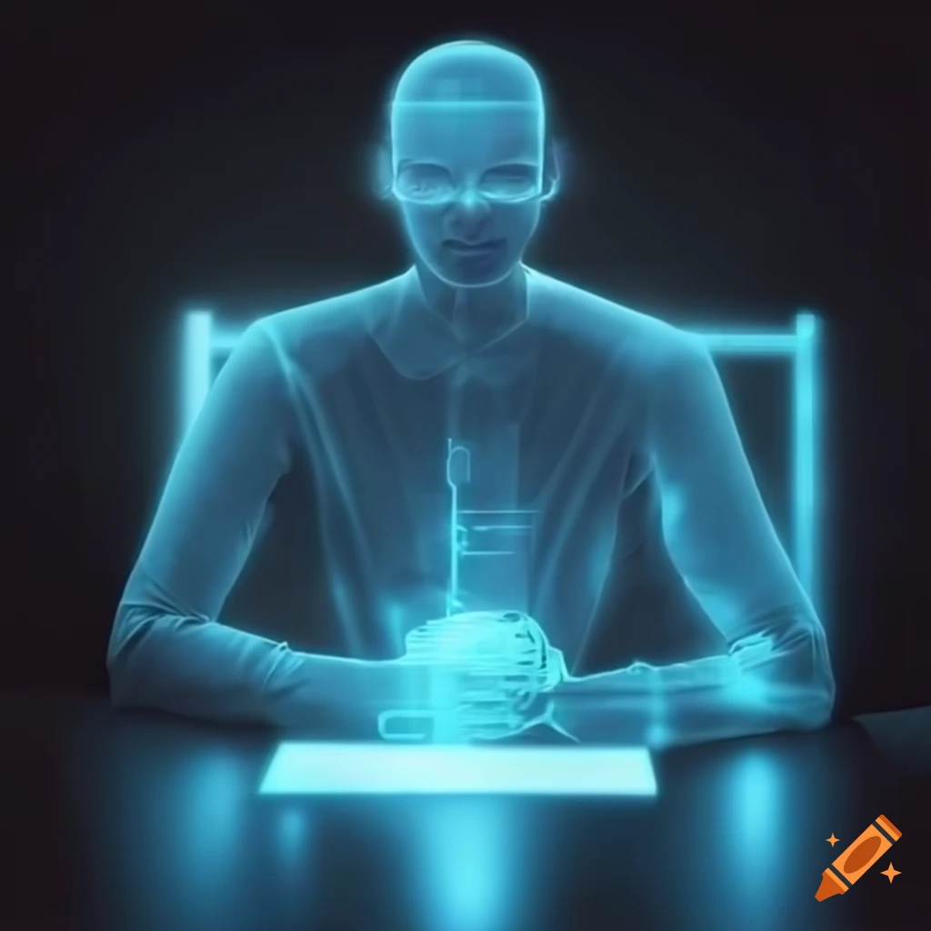 Hologram man sitting at a desk with black background on Craiyon
