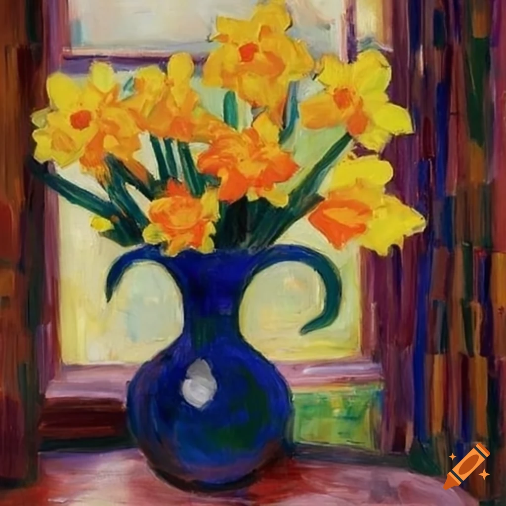 Louis Valtat vase with daffodils on windowsill on Craiyon