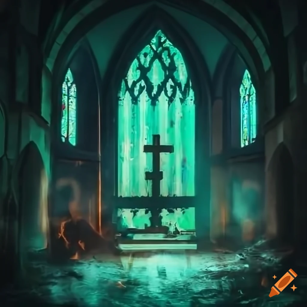 Scene of a church burning in green flames with a flooded interior and a ...