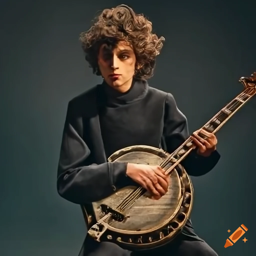 Thimothee Chalamet as Bob Dylan playing banjo on stage on Craiyon
