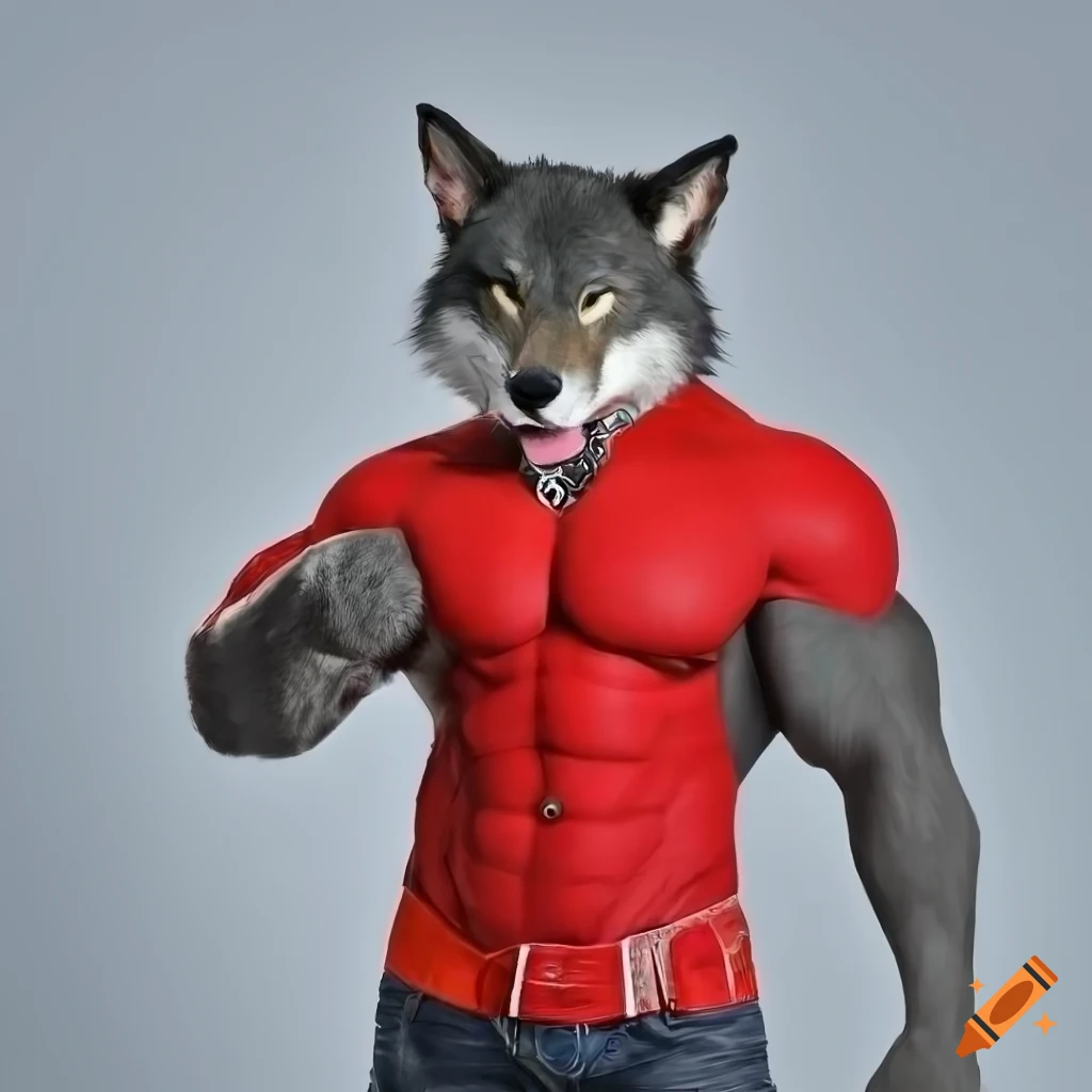 Anthro wolf in red shirt on Craiyon