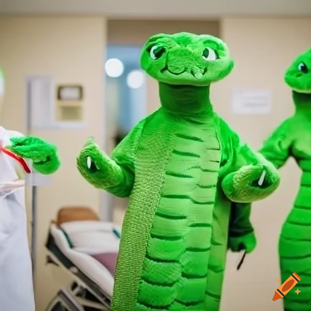Close up of 3 nurses in green snake mascot costumes at hospital on Craiyon