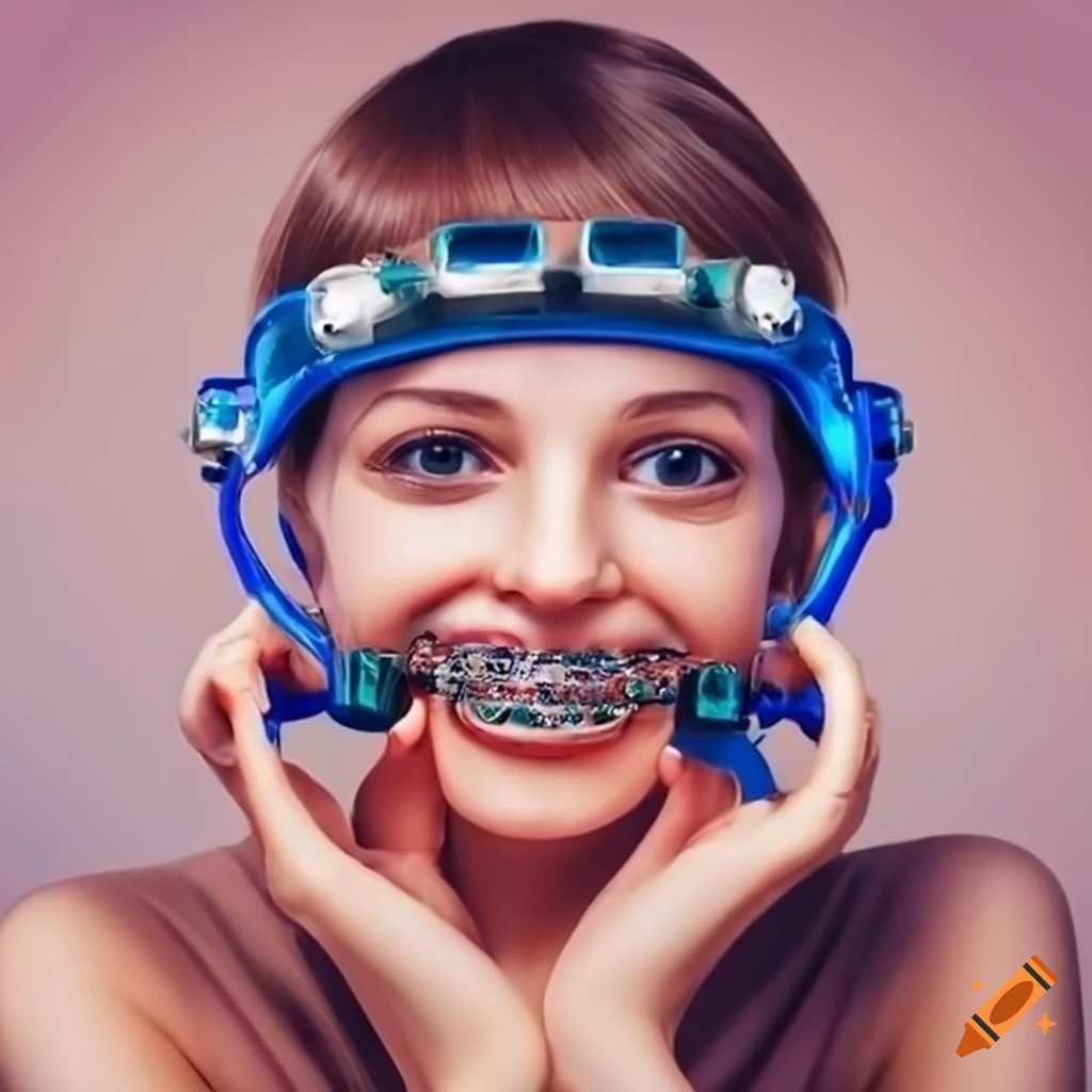 Smiling young woman with orthodontic braces headgear in a dental chair ...