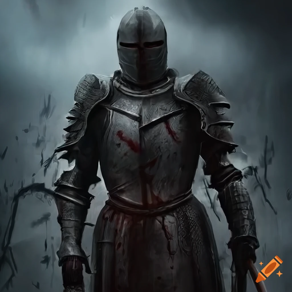 Fantastical image of a knight in dark metal heavy armor in an arena on ...