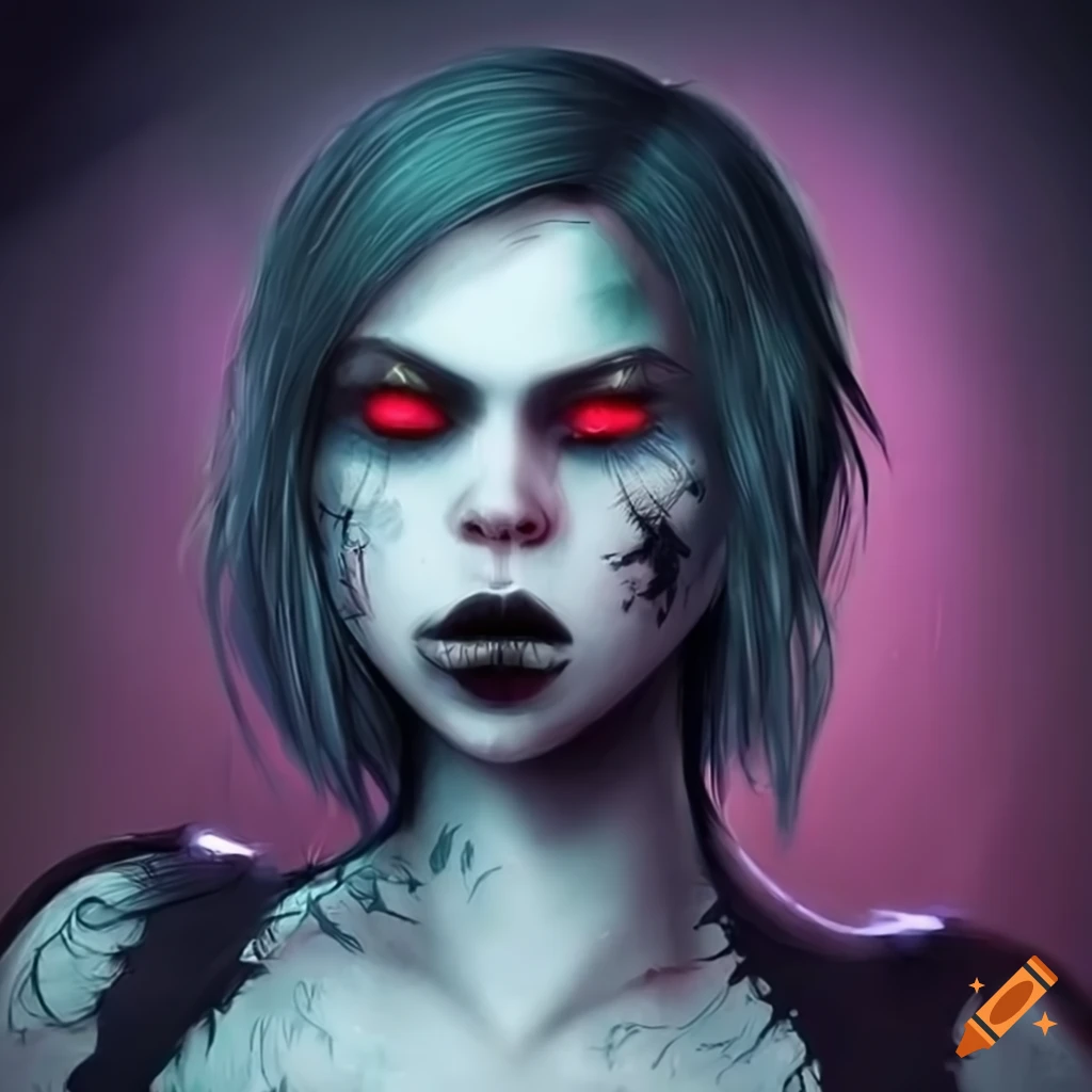 Female monster with wild black hair, green glowing eyes, and pale white ...