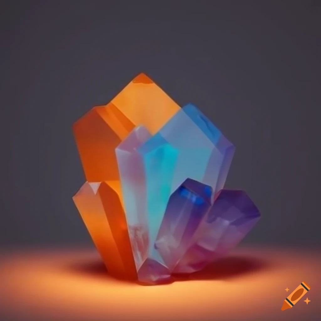 Translucent hexagonal crystal structure on a solid base with blue and orange colors on Craiyon
