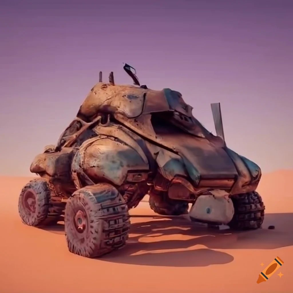 Futuristic four-legged car in bright colors in a post-apocalyptic ...