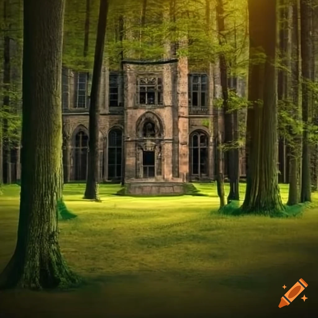 Old academic building in the middle of a bright forest on Craiyon