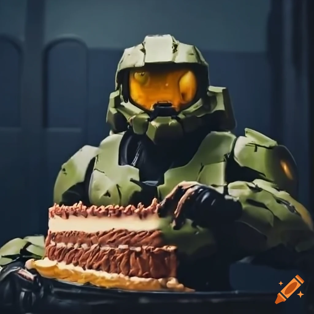 Master chief fighting over a piece of birthday cake on Craiyon