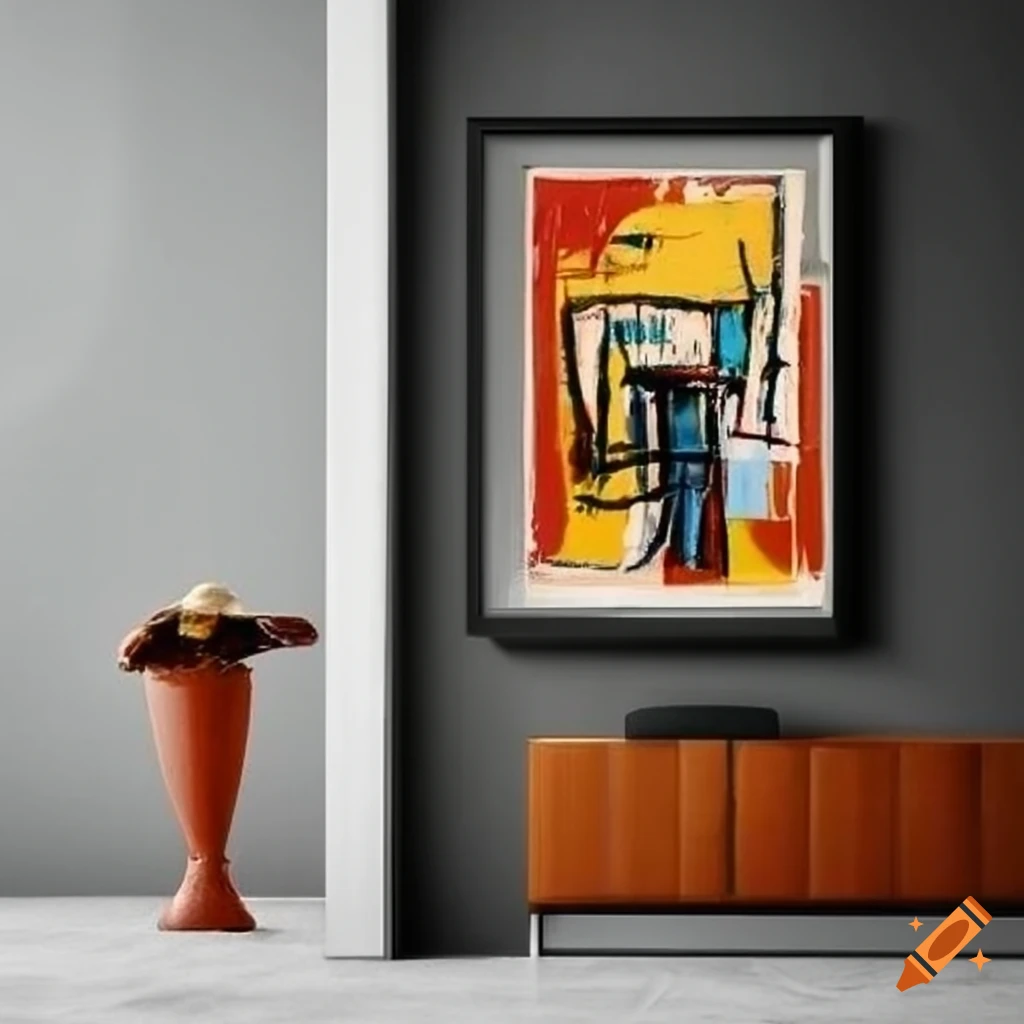Basquiat's framed abstract expressionism art in modern interior on Craiyon