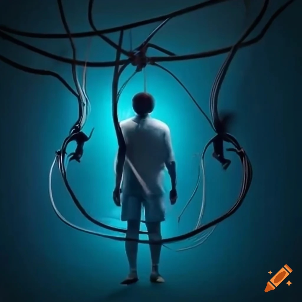 Man running from technology constrained by wires in nature on Craiyon