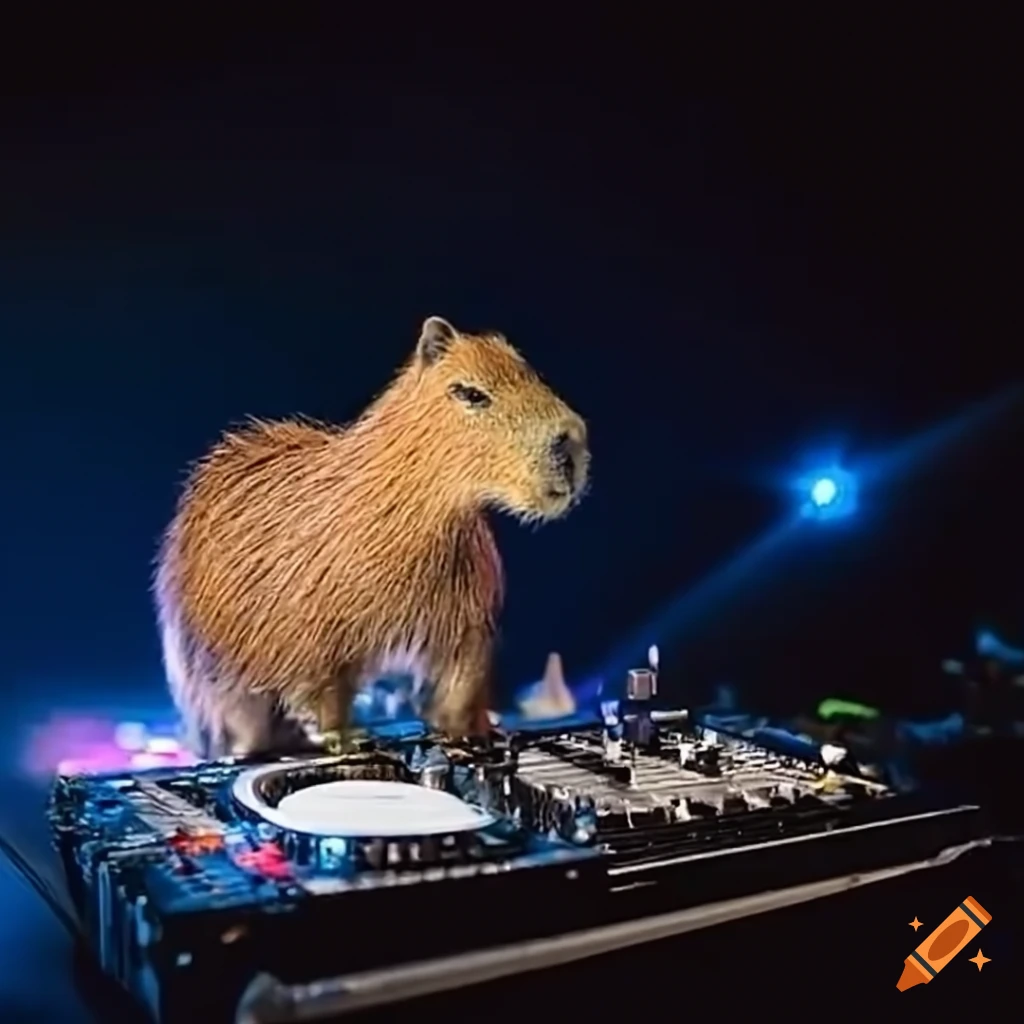 Capybara at a dj mixer in front of a crowd on Craiyon