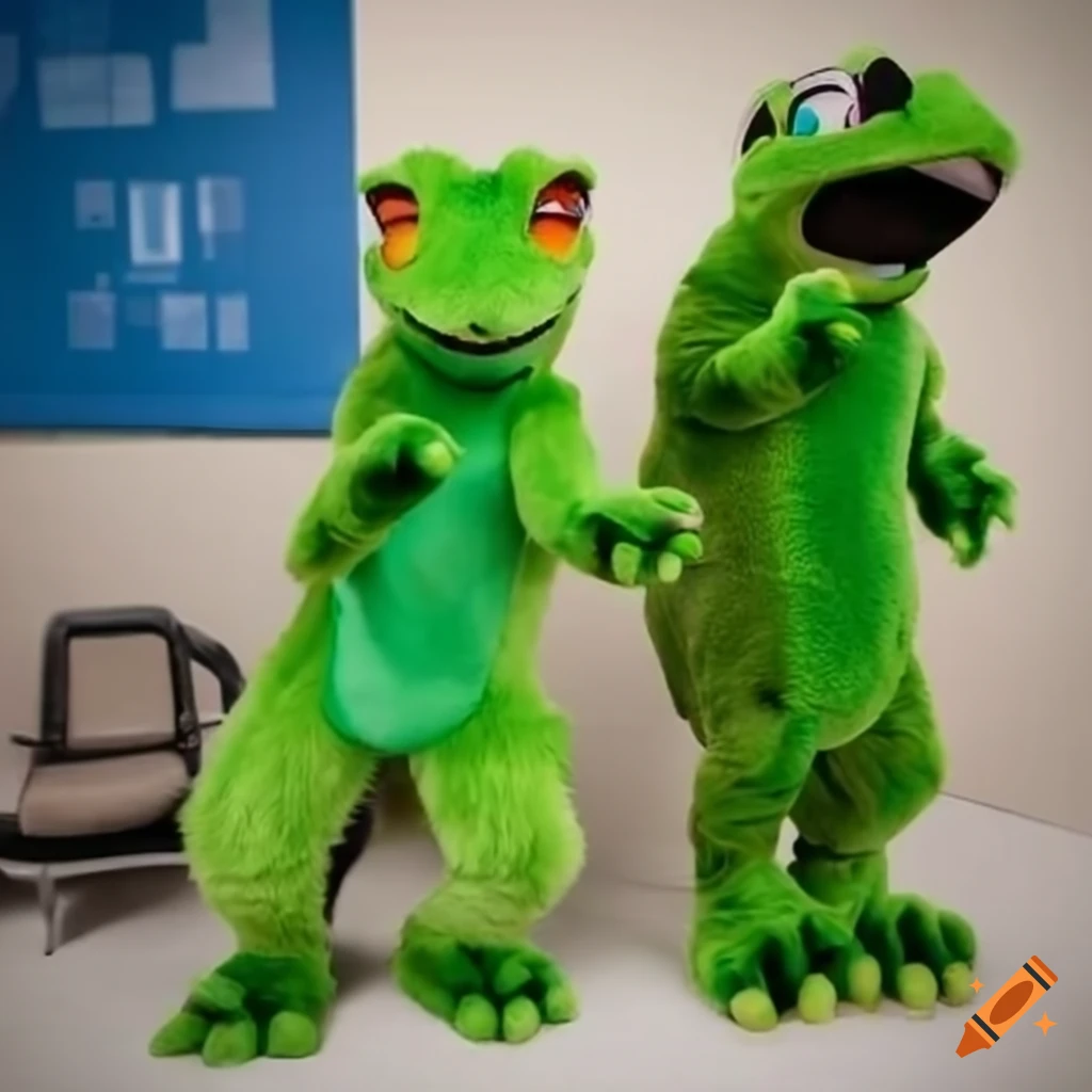 Close up of 3 nurses wearing green cartoony gecko reptile fursuit ...