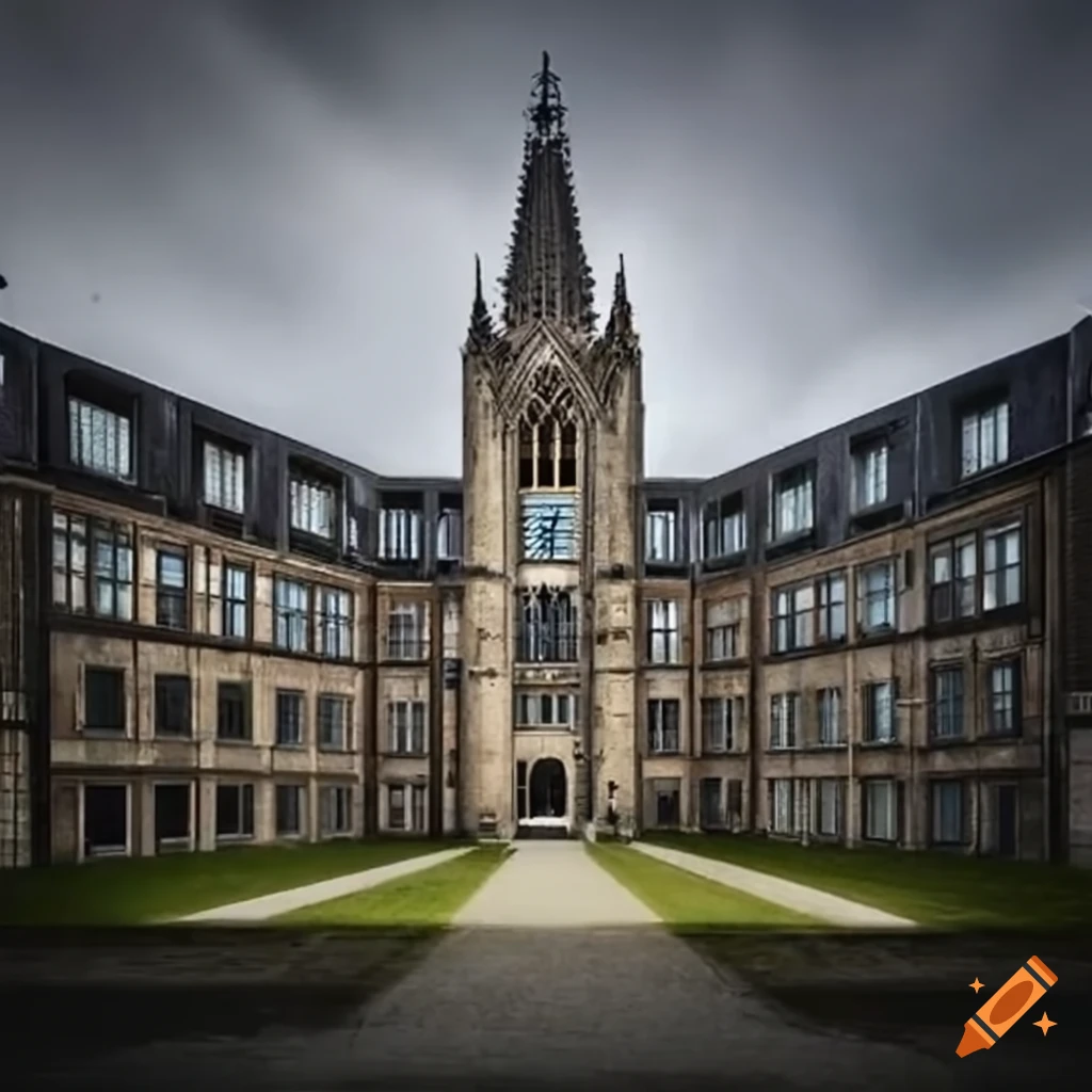 Large school campus with a mix of gothic and brutalist architecture on Craiyon