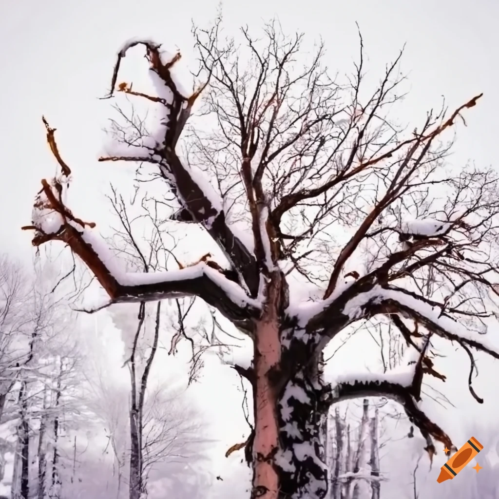 Dying tree in a cold winter landscape on Craiyon
