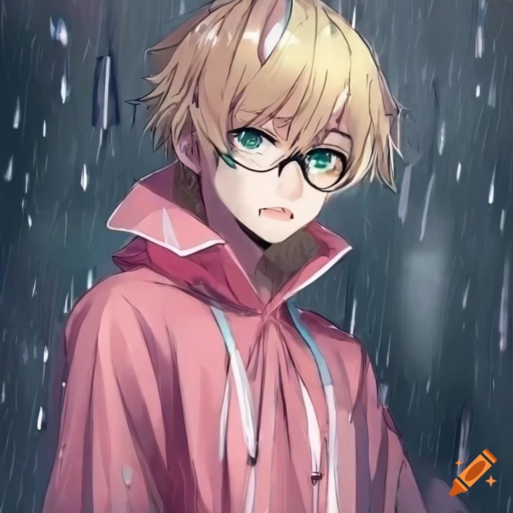 Anime Guy With Blonde Hair And Glasses Standing In The Rain With A Sad Expression On Craiyon