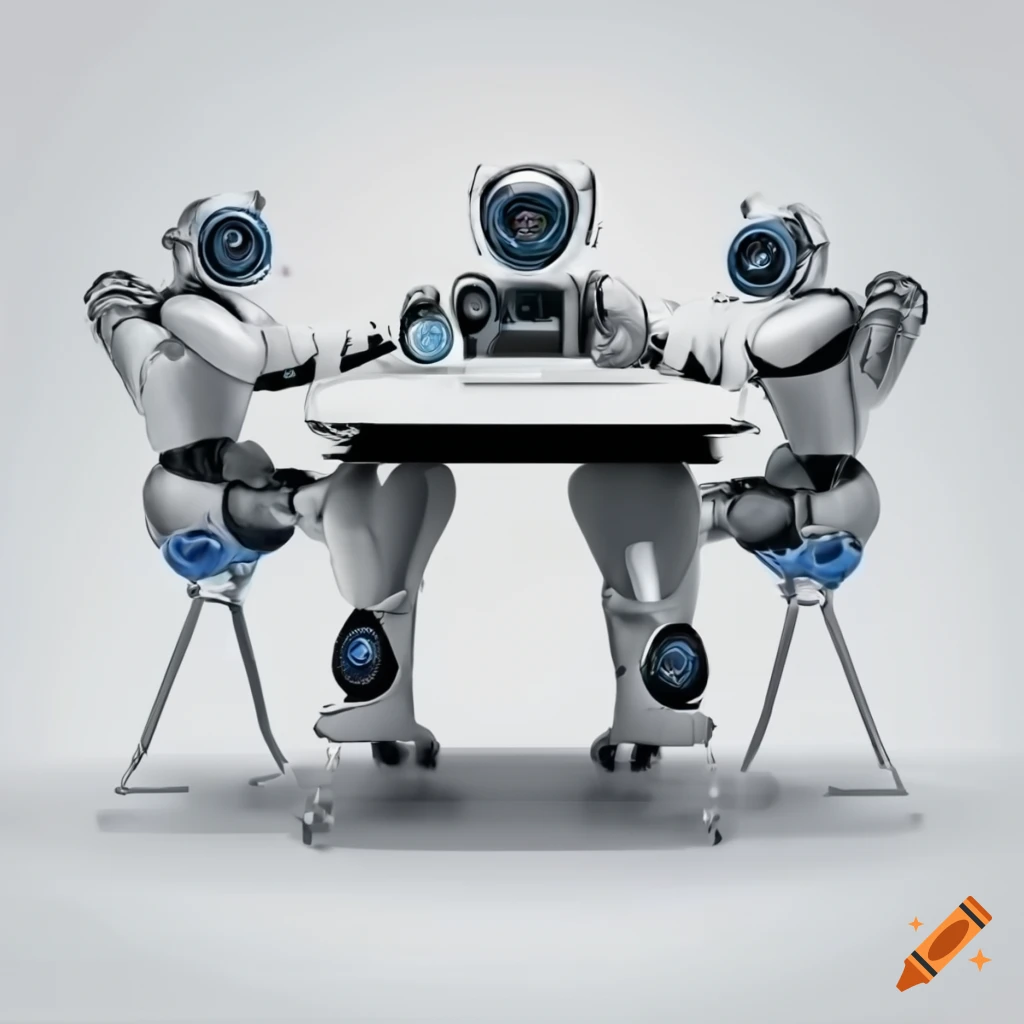 Three robots having a meeting around a table on a white background on Craiyon