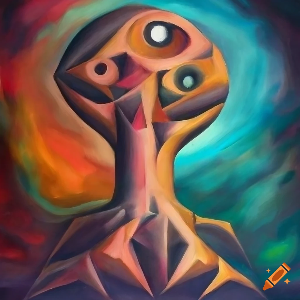 Abstract cubist surrealist geometric composition of a demonic bent tree ...