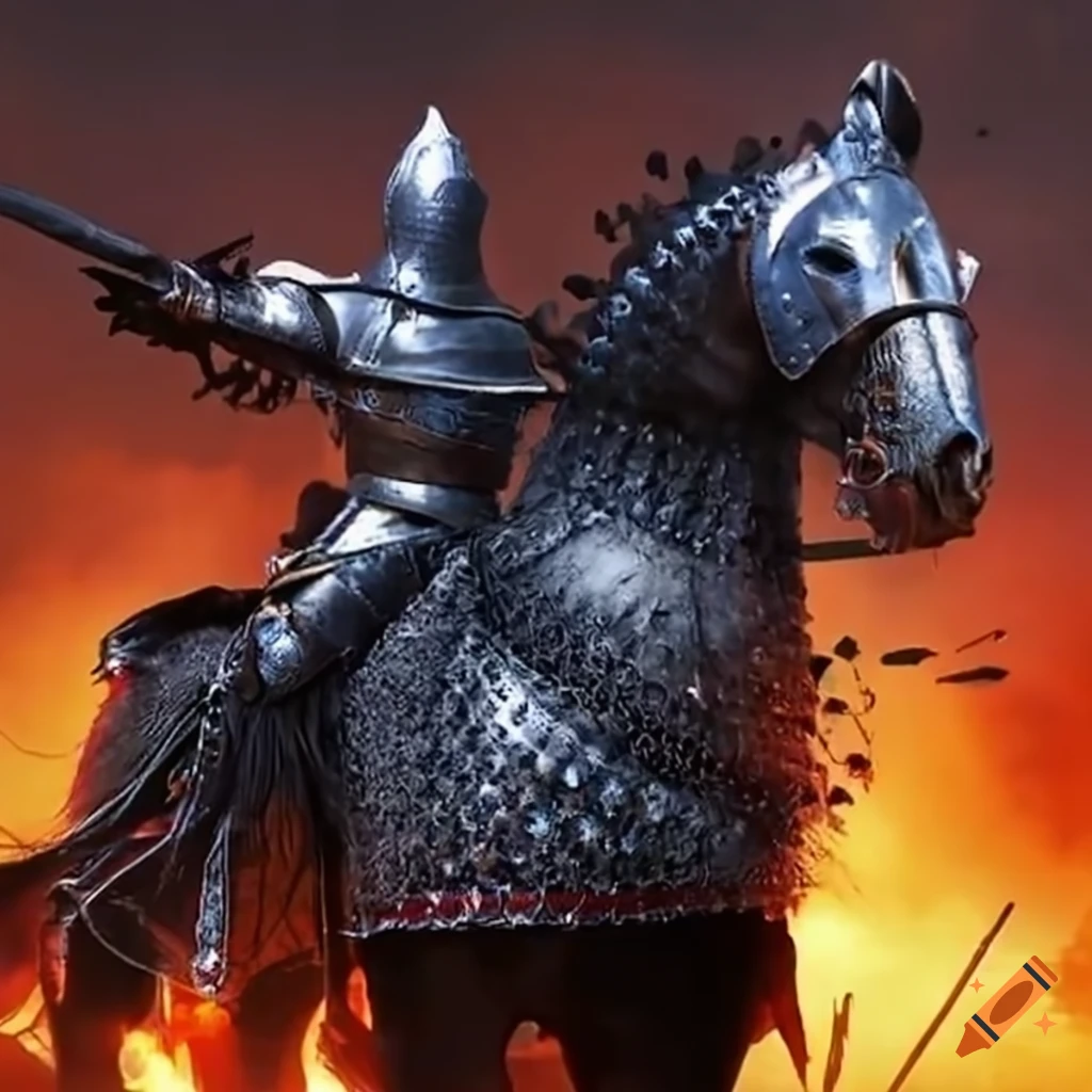 Knights riding into battle on blue-steel armored horses on Craiyon