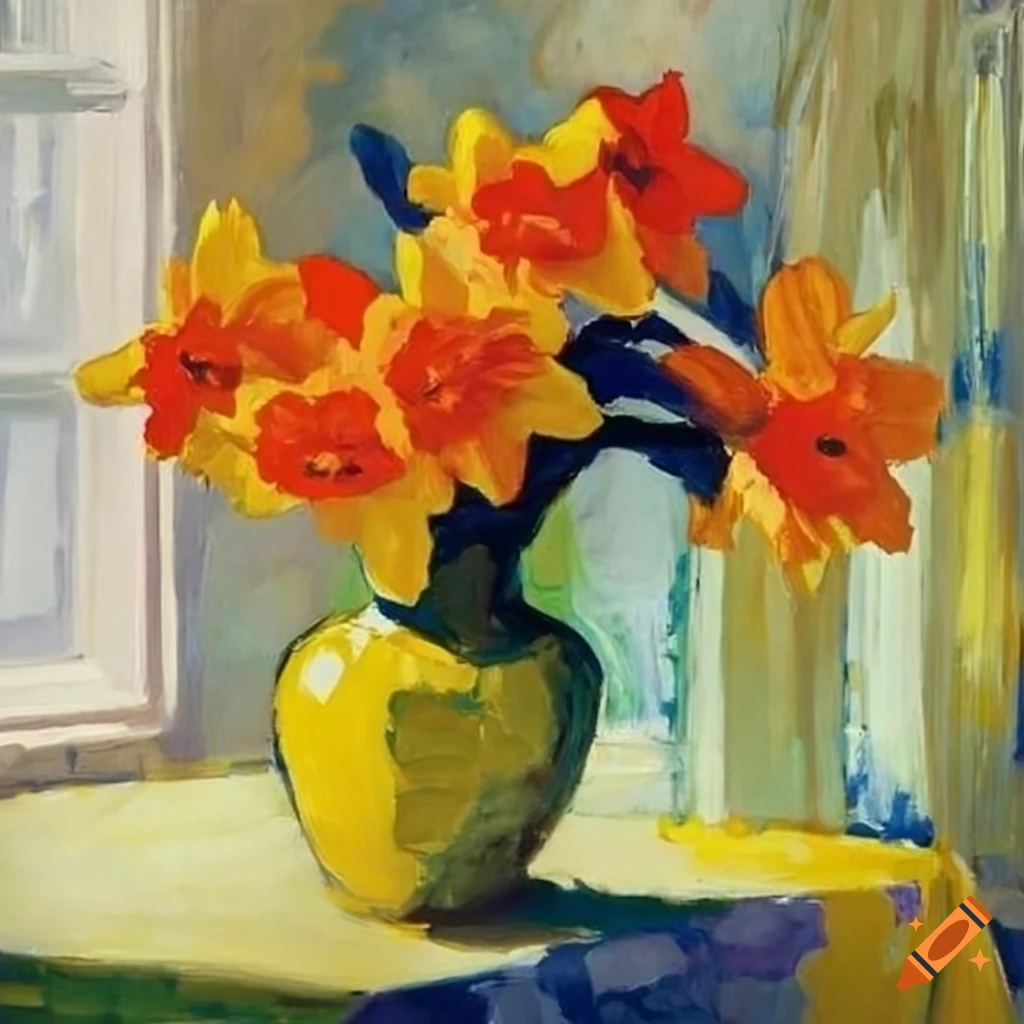 Louis valtat vase with daffodils on windowsill on Craiyon