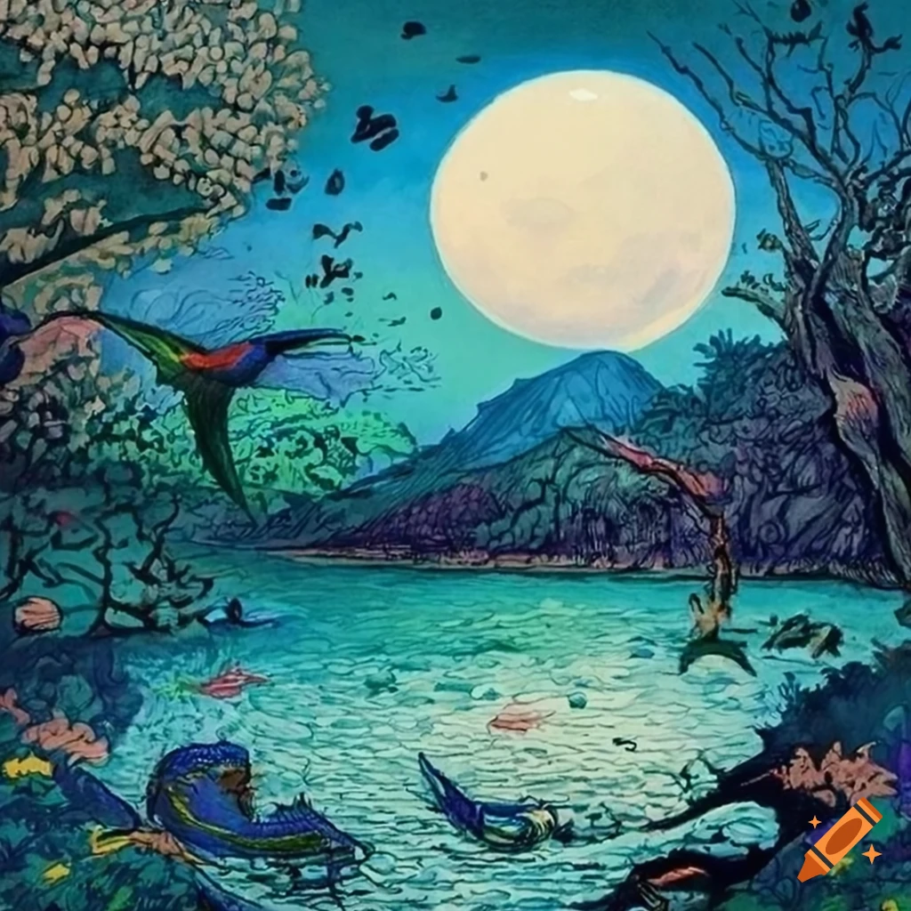 Pen and ink landscape with curious creatures and mythic beasts, exotic ...