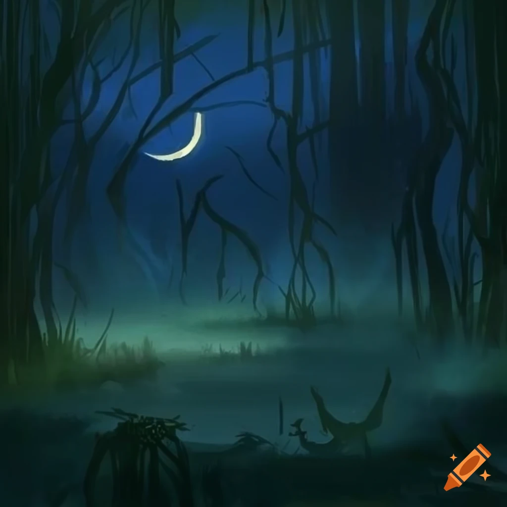 Choking mist rolling across a swamp at night in fantasy art style on Craiyon