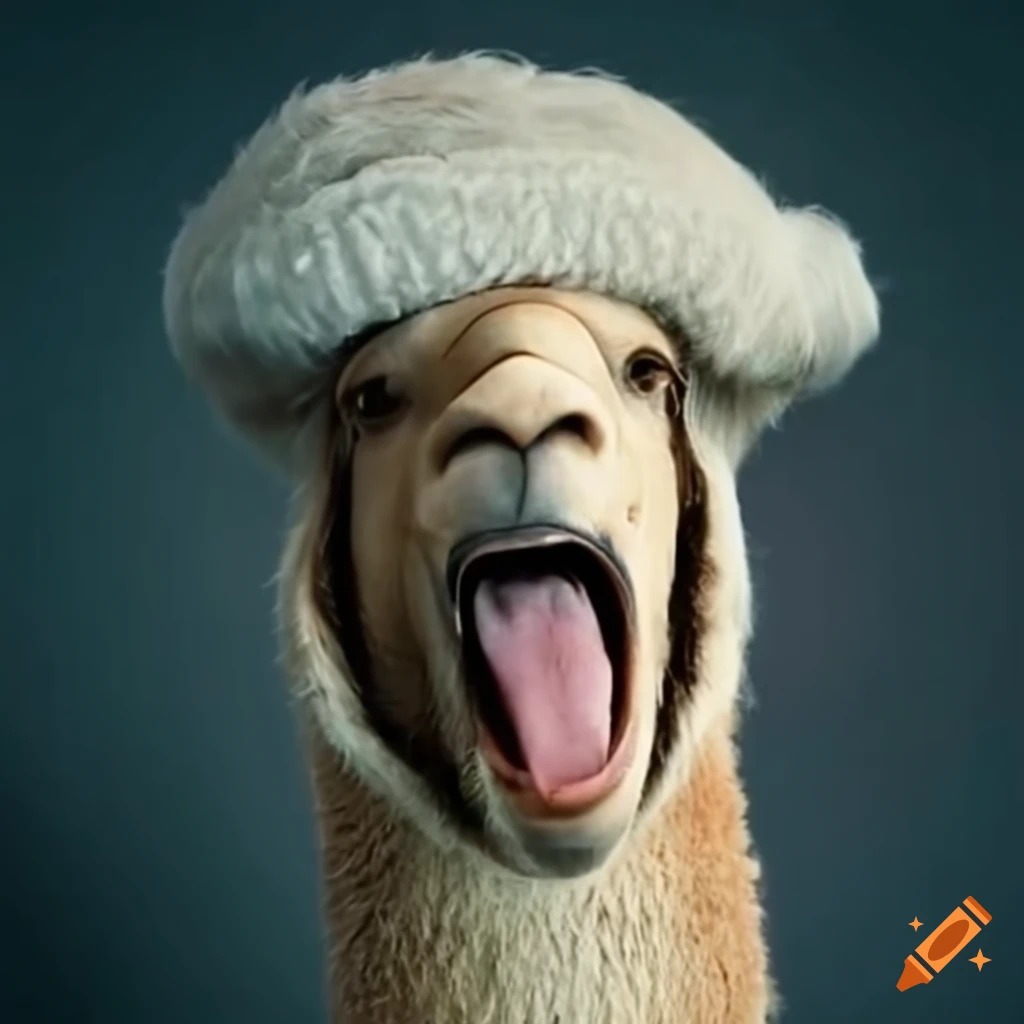 Nicolas Cage screaming at an alpaca in a bonnet in a film still on Craiyon