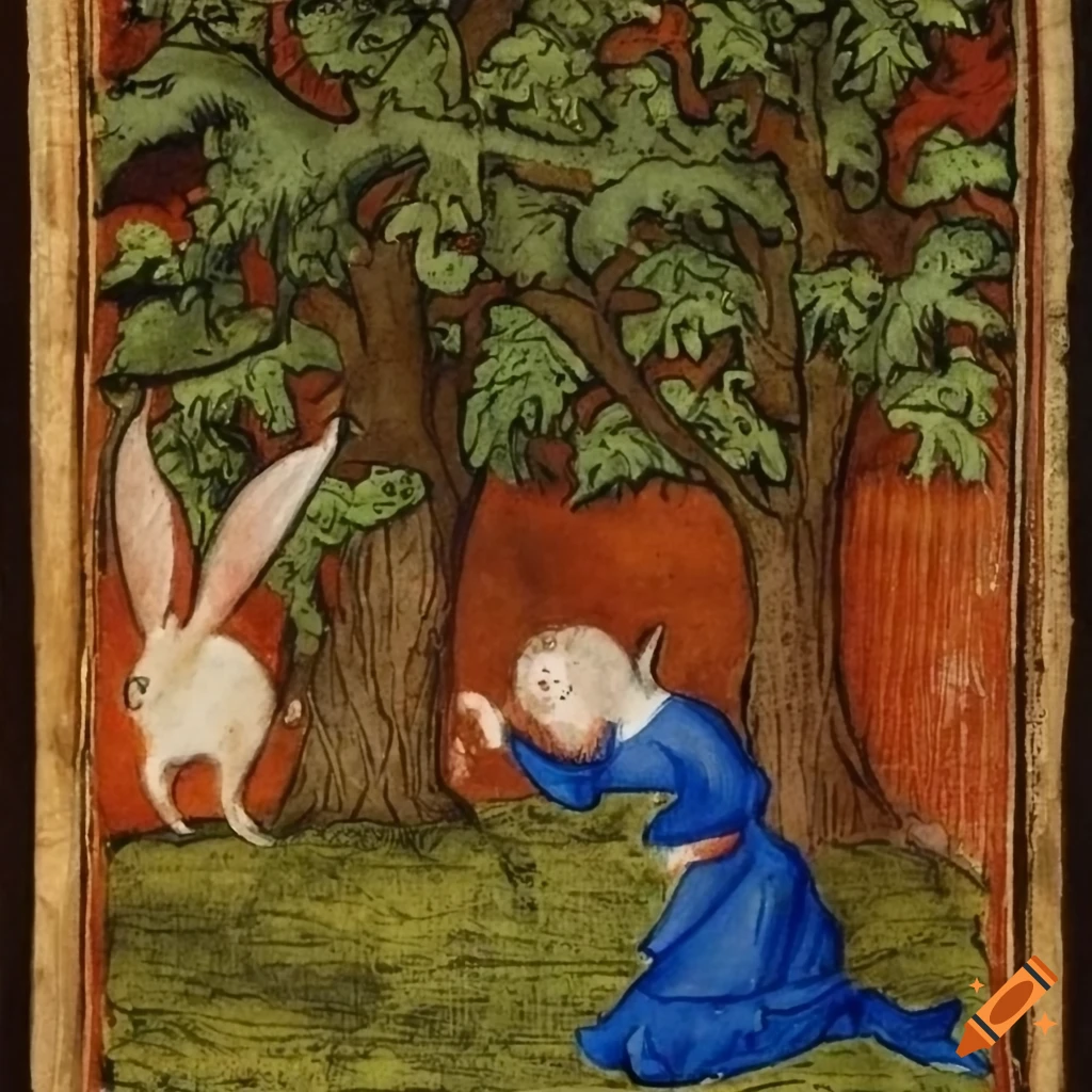 Medieval peasant chased by rabbit in enluminure manuscript style on Craiyon